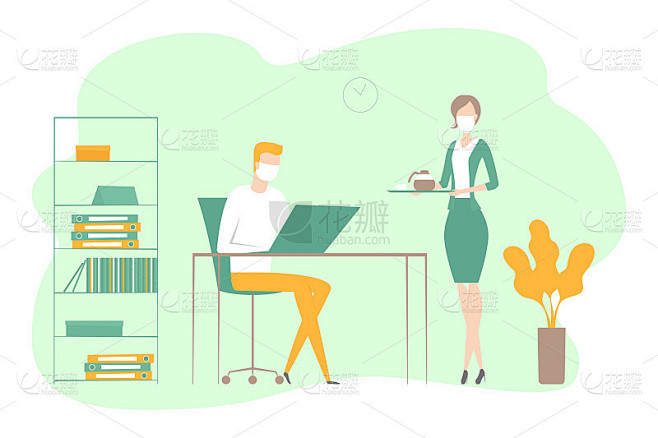 戴医用口罩的秘书给主任送咖啡。矢量图