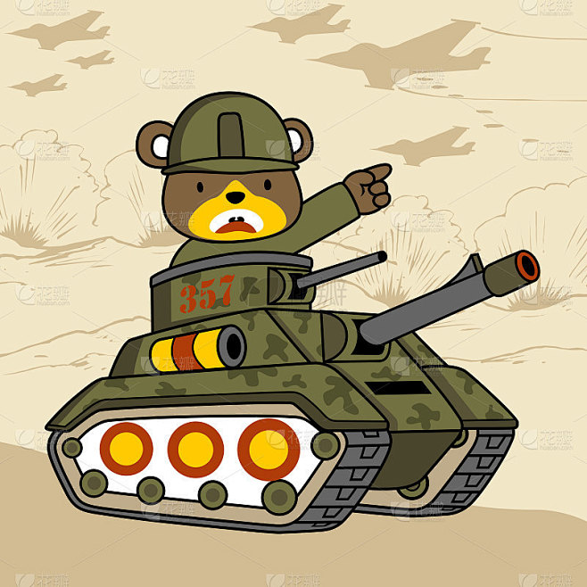 bear cartoon on camouflage tank