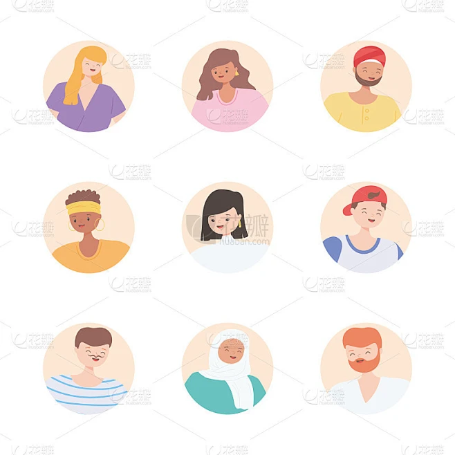 多元种族和多元文化的人，圆块图标面对多元化的人素材-花瓣网