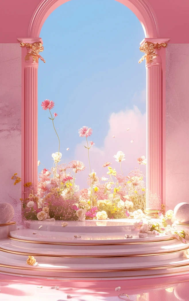 a pink room with some flowers and columns on it, in the style of ...