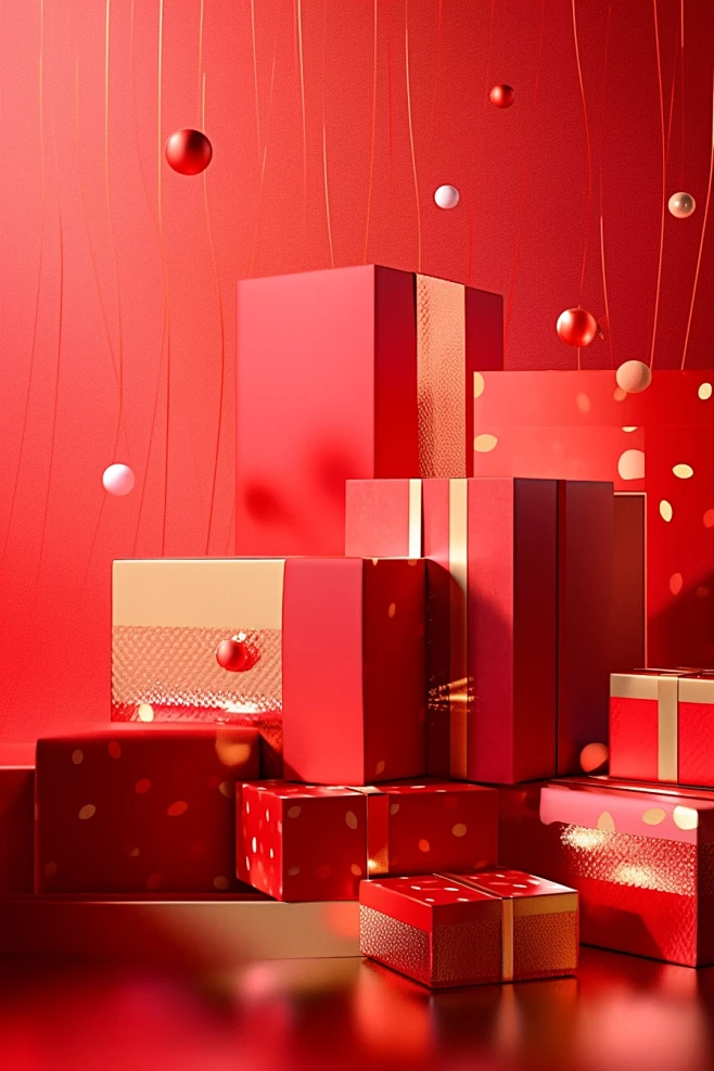 Gifts with red boxes and gold foil on a shelf, in the style of ...