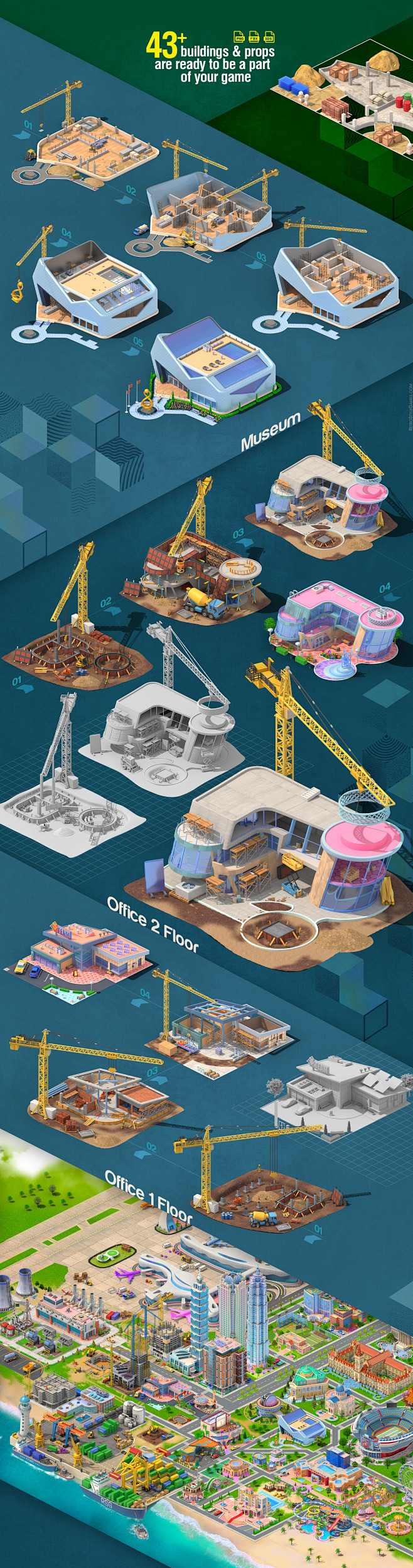 Megapolis Buildings – 用于城市模拟的等距 3D 精灵